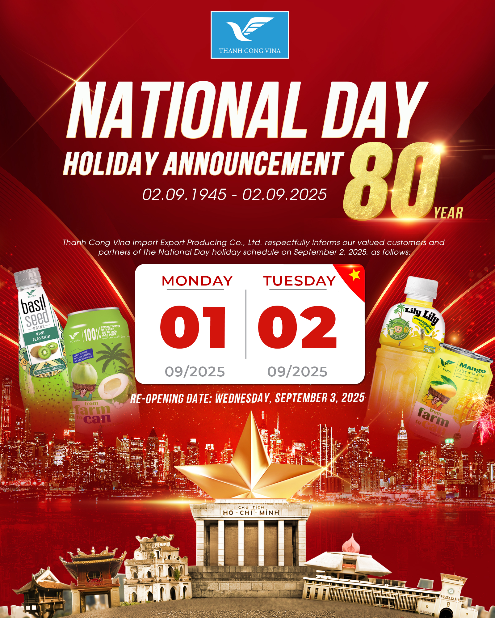 Thanh Cong Vina Announces National Day Holiday 2/9 - Thanh Cong Vina