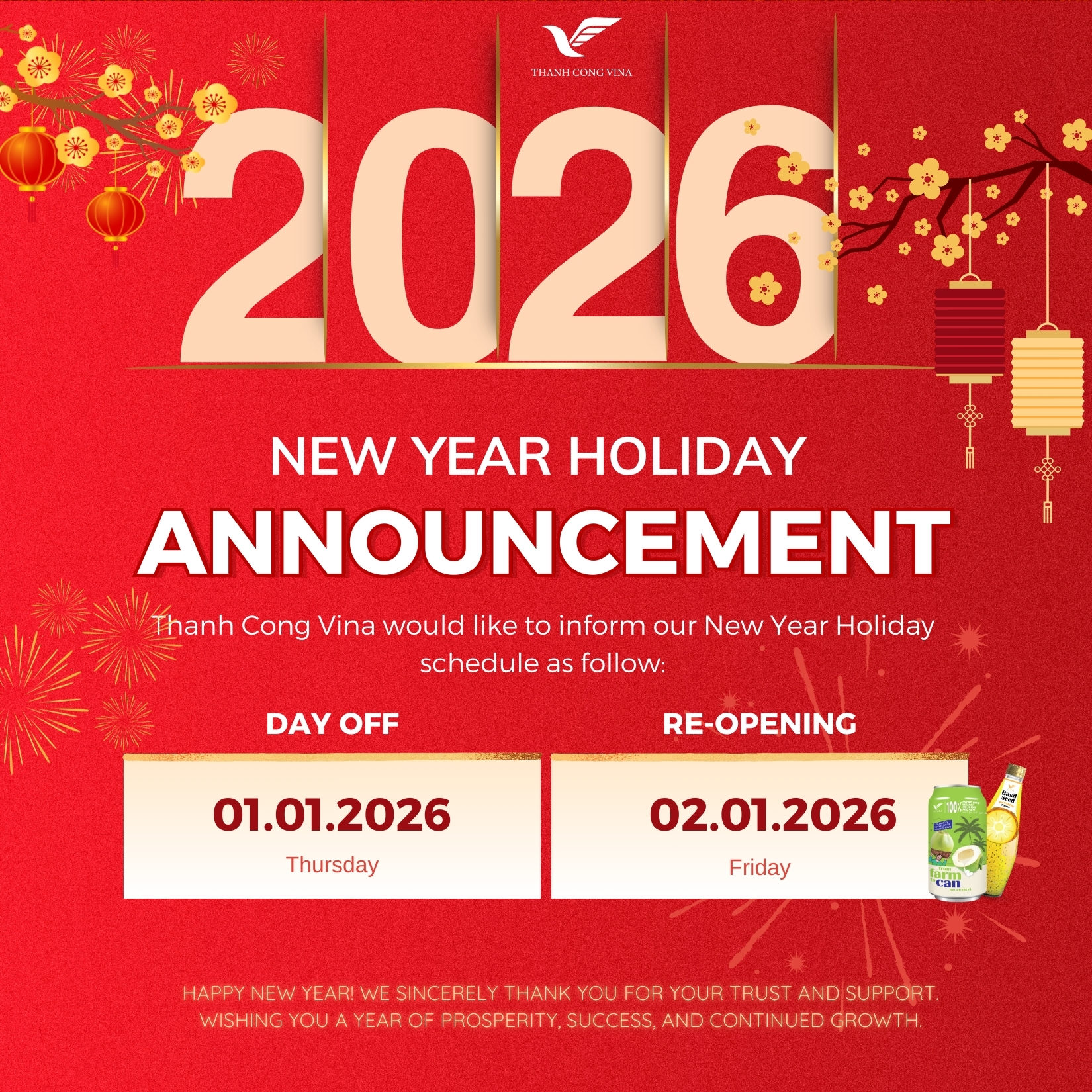Thanh Cong Vina - New Year Holiday Notice 2026 - Thanh Cong Vina